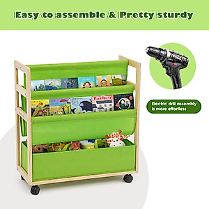 Jomifin Rolling Bookshelf with Toys Storage Bins, Kids Sling Book Shelf with Wheels Large Capacity for Kids Bedroom Playroom - Double Sided