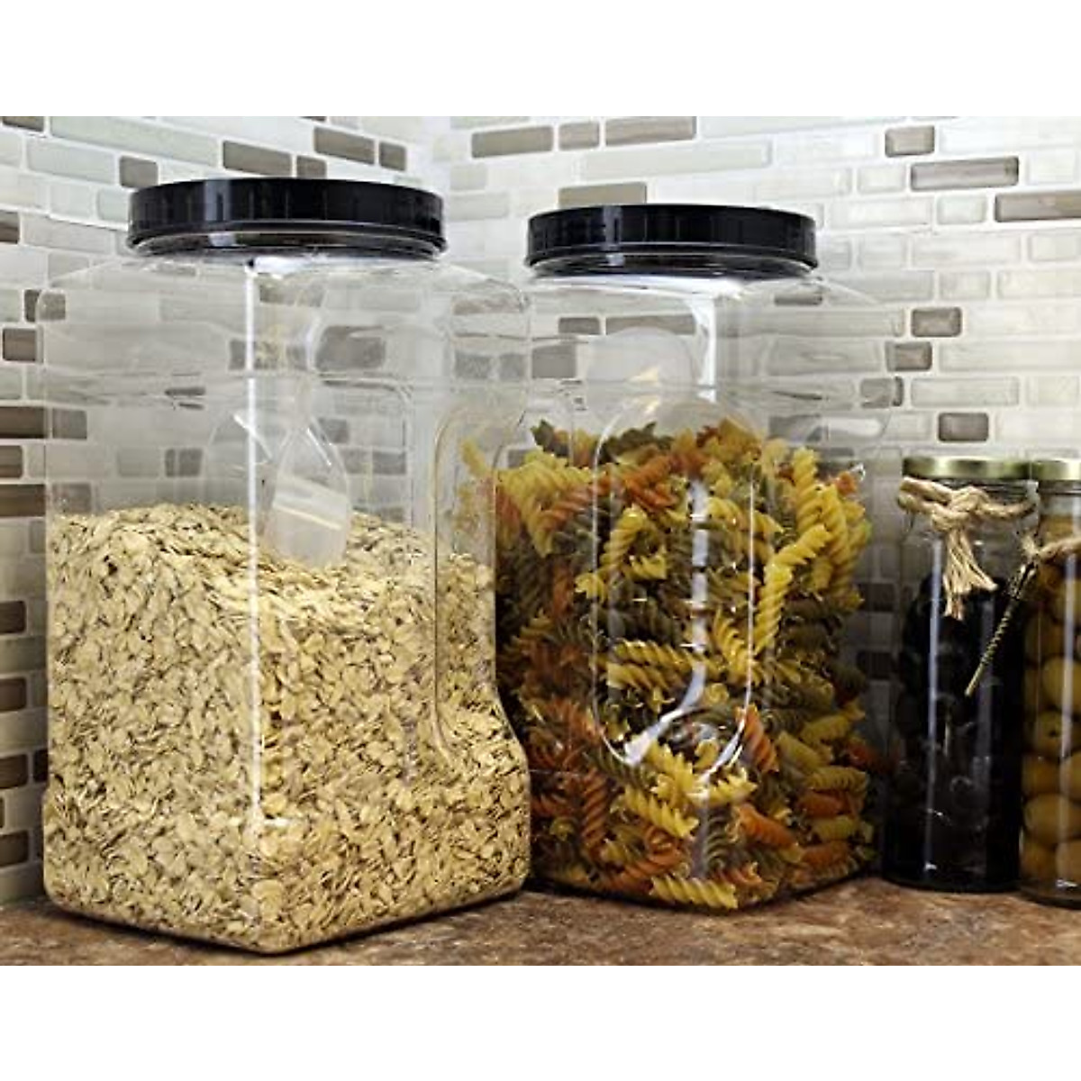 Cornucopia Square Gallon Size Clear Plastic Canisters (2-Pack); 4-Quart Jar Grip Containers w/ Plastic Scoops; BPA-Free
