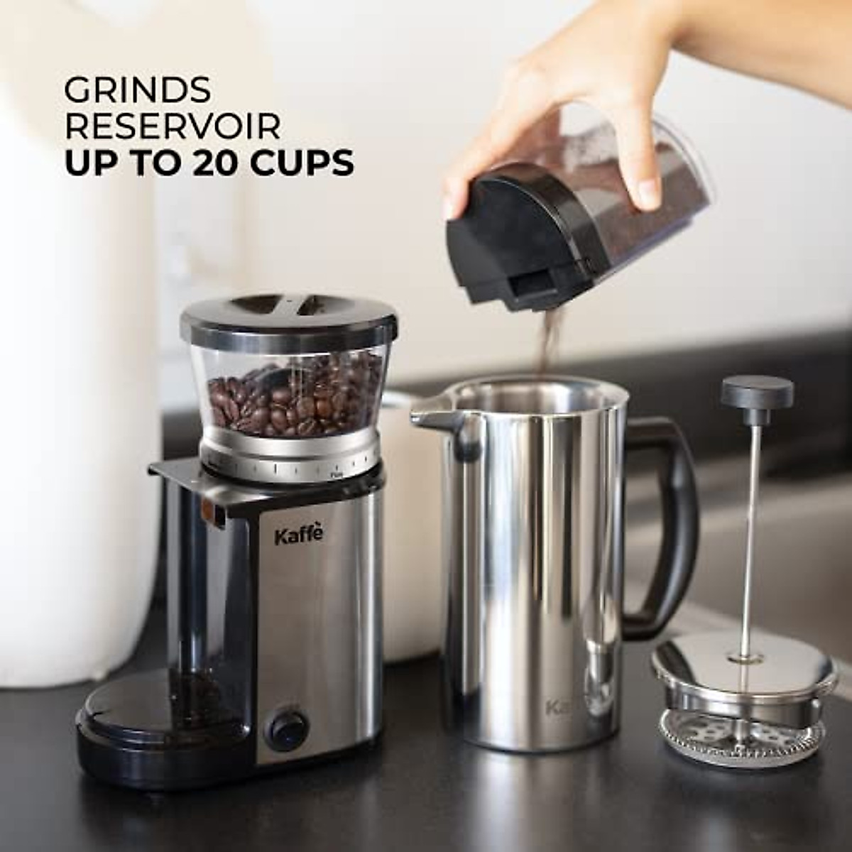 Kaffe Burr Coffee Grinder Electric w/Adjustable Settings for Precision Coffee Bean Grinding (5.5oz Capacity) Cleaning Brush Included. (Powerful Motor) Stainless Steel