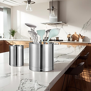 KSENDALO Steel Holder Utensil Crock 6.5inch Tall,Utility Sturdy Heavy Large Utensils Holder Stainless Silverware Holder for Kitchen Home and Office