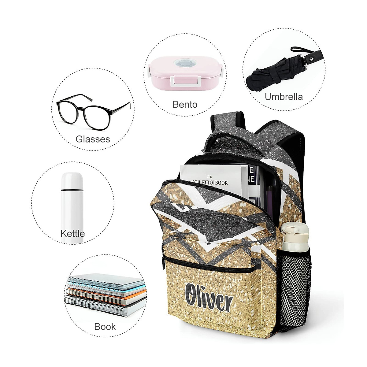 XOZOTY Gold Black Cheer Cheerleader Backpack Personalized Name Bag Bookbags Daypack for Kids Adult