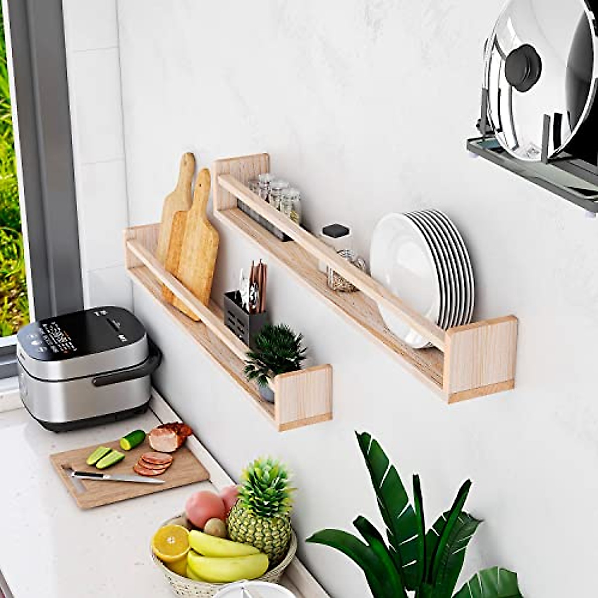 Esonal Floating Nursery Book Shelves Natural Wood 36 Inch Wall Mounted Floating Shelf for Room Cosmetic Storage Shelves Bathroom Storage Shelves Display Shelf Set of 2