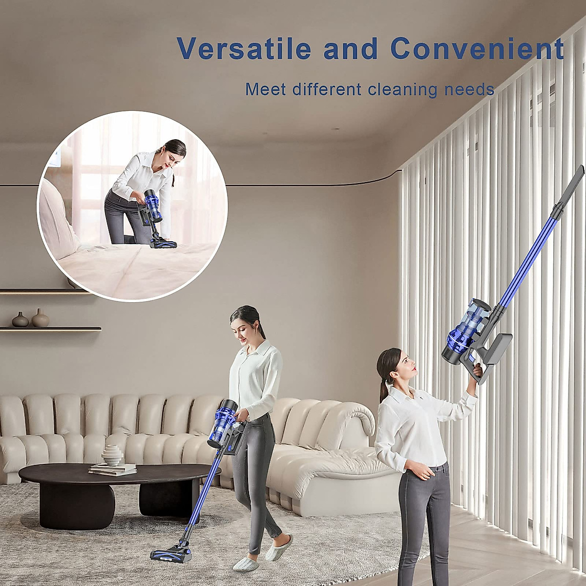 FirstLove Cordless Vacuum Cleaner - High Suction Stick with Up to 45 Mins Runtime, Removable Rechargeable Battery, 6 in 1 Lightweight for Carpet and Hard Floor Pet Hair, Navy, (E17)