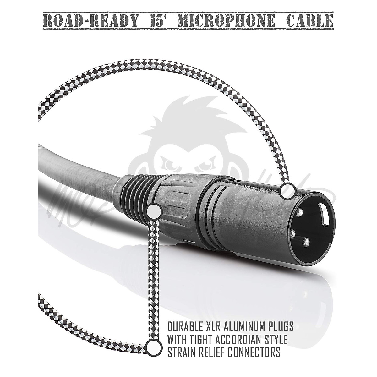 Mophead 15-Foot Balanced XLR Microphone Cable - 3-Pin XLR Male to XLR Female Pro Grade Double Insulated Tweed Braided (Black and White Diamond)