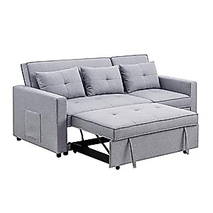 BOWERY HILL Light Gray Linen Fabric 3-in-1 Convertible Sleeper Sofa with Side Pocket