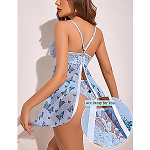 Avidlove Women Lingerie Lace Babydoll Strap Chemise Halter Teddy V Neck Mesh Nightgown Blue Butterfly M