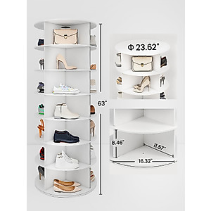 Toemics 7 Tier Rotating Shoe Rack Tower 28 Shelves, 360° Spinning Display Lazy Susan Organizer, Carousel for Shoes & Handbags, Easy Assembly, Includes 4 PCS Double-Layer Shoe Racks, White