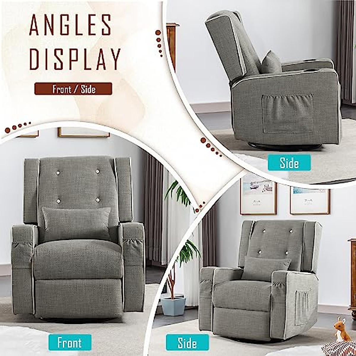 OPRISEN 360° Manual Swivel Recliner Swivel Rocker Recliner Chair for Nursery Overstuffed Wingback Glider Chair w/Side Pockets/Cup Holders (Beige)