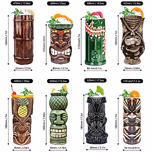 LINALL Tiki Mugs Cocktail Set of 8 - Tumblers Ceramic Hawaiian Luau Party Mugs Drinkware, Cute Exotic Cocktail Glasses, Tiki Bar Professional Hawaiian Party Barware, TKSET0017 (8pcs)