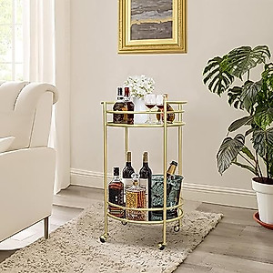 GIFTTROVE Gold Bar Cart for Home, 2 Tier Bar Serving Cart, Round Rolling Bar Cart with 2 Mirrored Shelves, Wine Cart Stand for Kitchen, Living Room