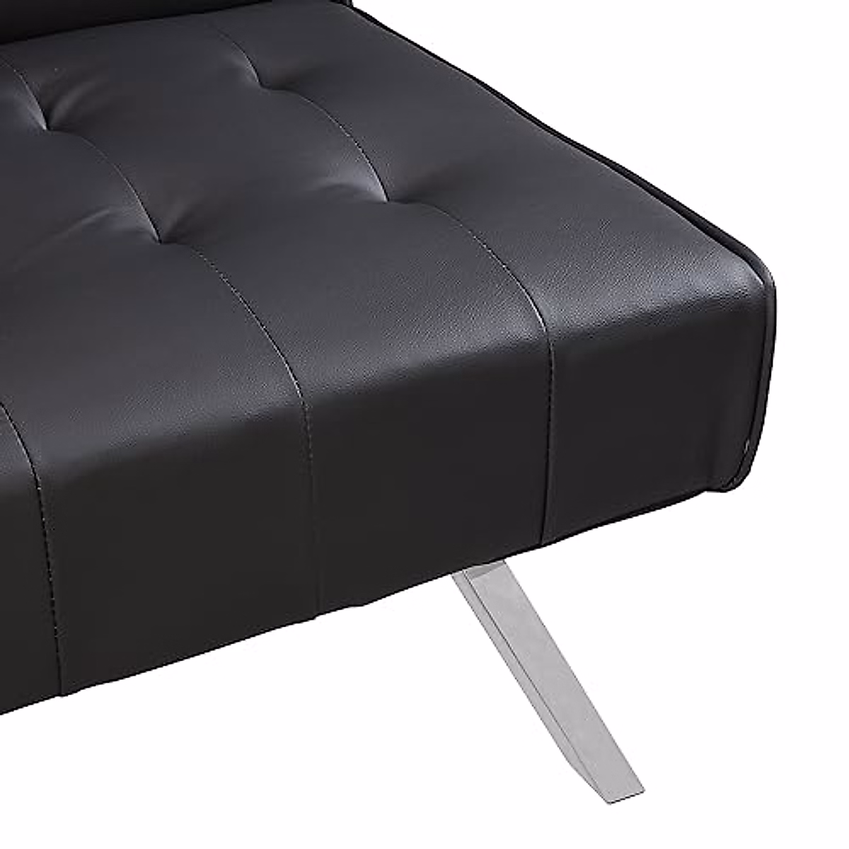 Penifun Convertible Folding Futon Sofa Bed Sleeper Couch for Living Room PU Leather Upholstered Loveseat, Solid Wood Frame/Stainless Leg, Black