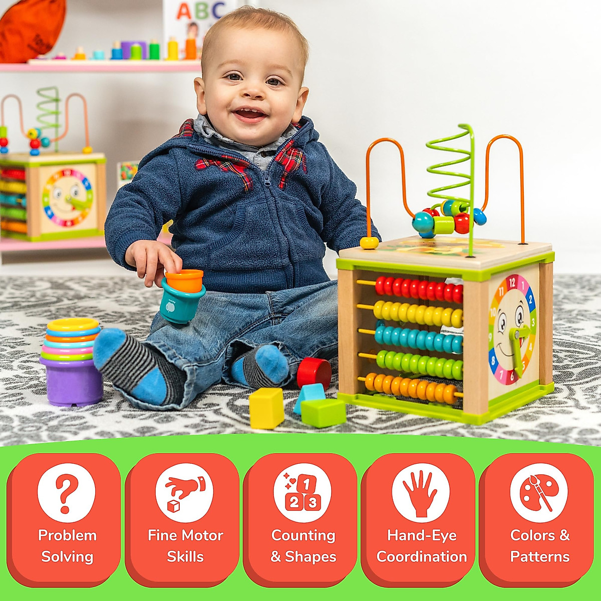 TOYVENTIVE Wooden Activity Cube, Montessori Toys, Multipurpose Educational Sensory Toy for 1-2 Year Old Baby, Toddler, Kid, Boy | Birthday Gift | Bonus First Words Book