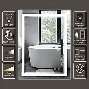 LED Bathroom Mirror Wall-Mounted Vanity Mirror with Anti Fog,Dimmable Waterproof Smart Touch Button Makeup Mirror with Lights Vertical & Horizontal (32x24 Inch)