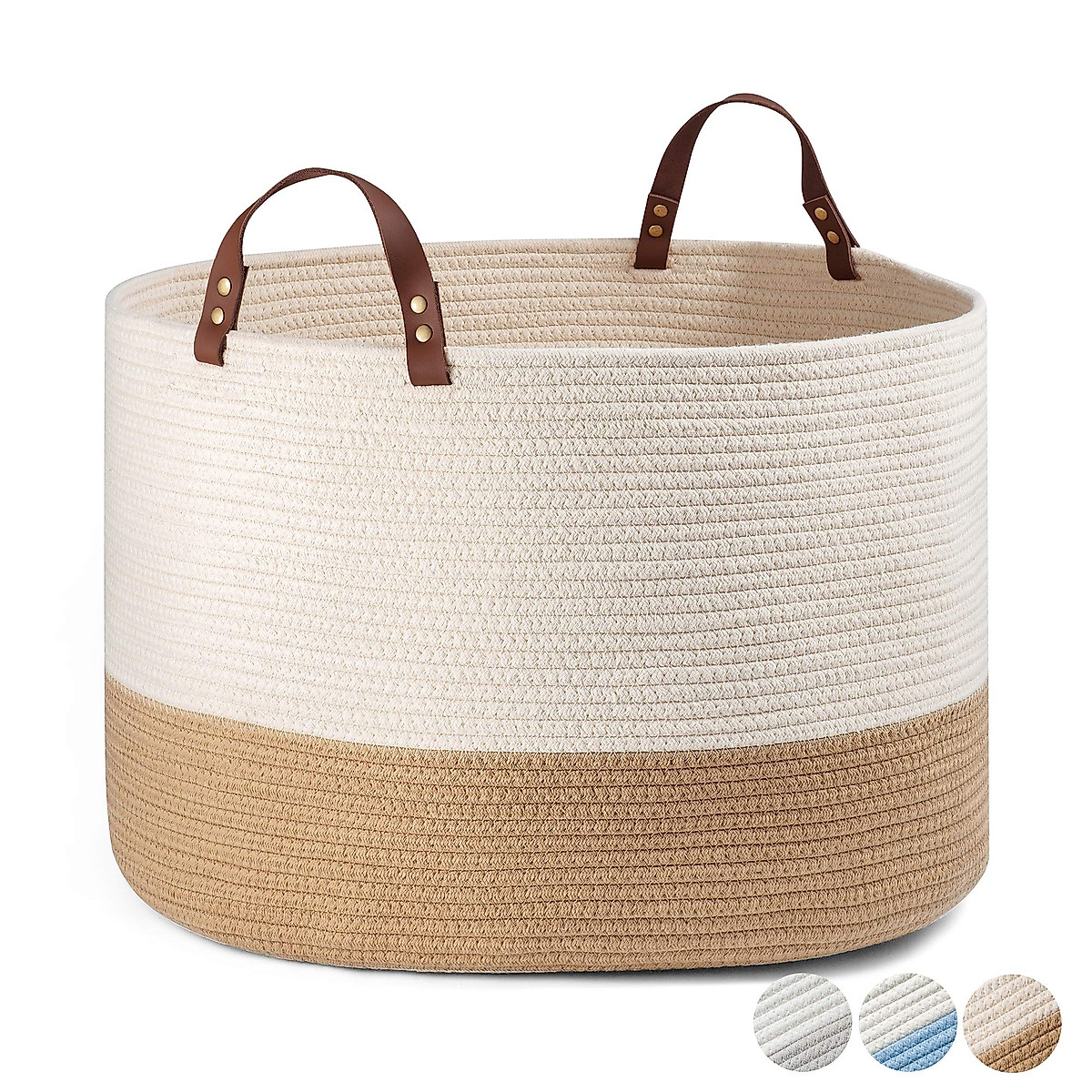 Extra Large Cotton Rope Basket KRUIO Collapsible Woven Laundry Basket with Handles for Laundry, Nursery, Toys, Towels, Blankets and Pillows Even More, Rope Storage Basket(20”x13”, Beige/Hemp Yellow)