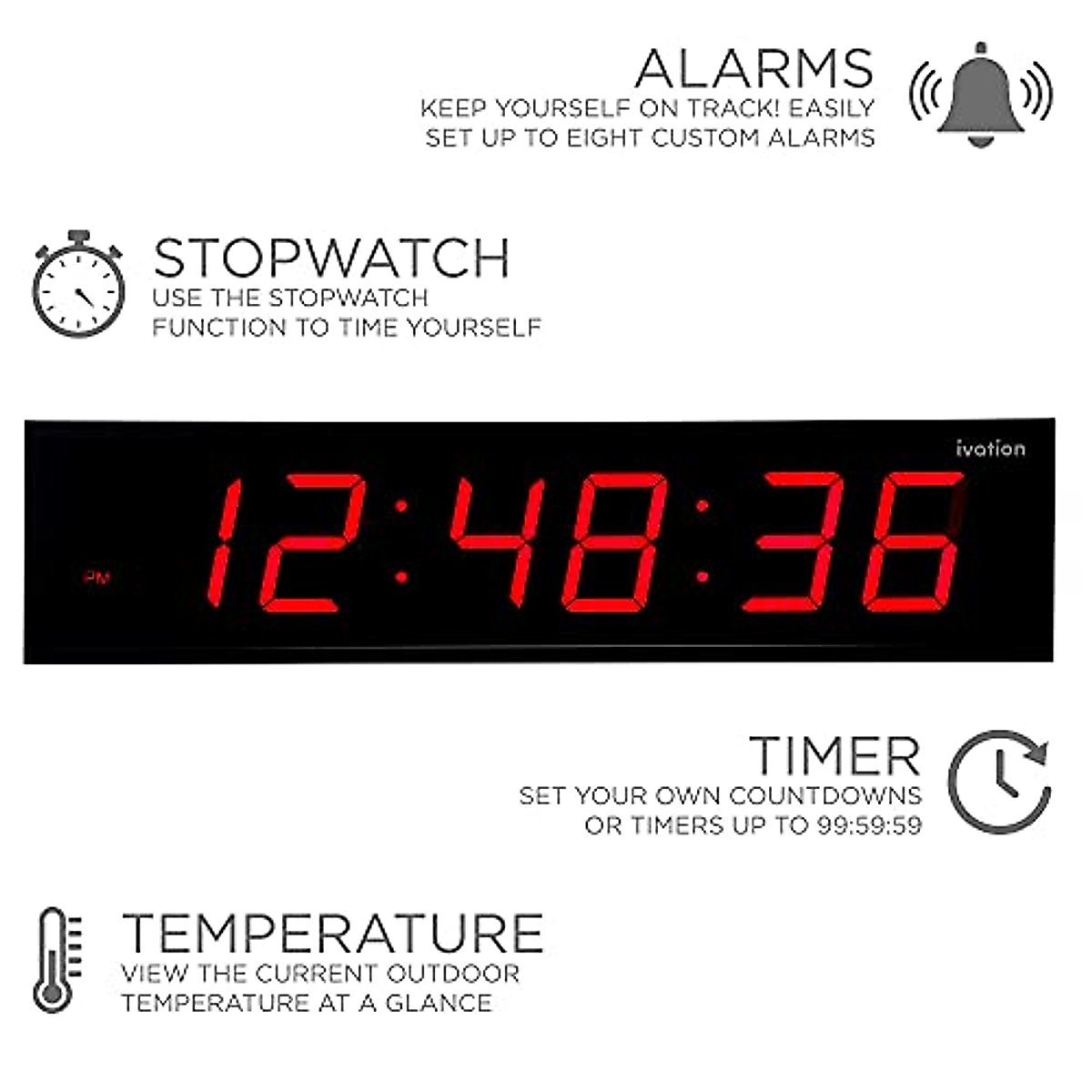 Ivation Huge 24" Inch Large Big Oversized Digital LED Clock with Stopwatch, Alarms, Countdown Timer & Temp - Shelf or Wall Mount (Red) | 6-Level Brightness, Mounting Holes & Hardware