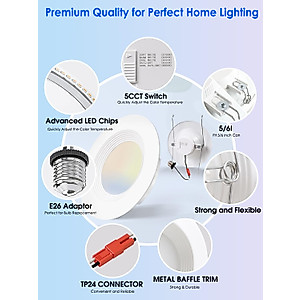 Energetic 5/6 Inch 5CCT LED Recessed Light, 2700K-6500K Selectable Downlight, Can Lights with Baffle Trim, CRI 90, Wet Rated, E26 Base, 10.5W=85W, Dimmable, Simple Retrofit Installation, ETL, 6 Pack