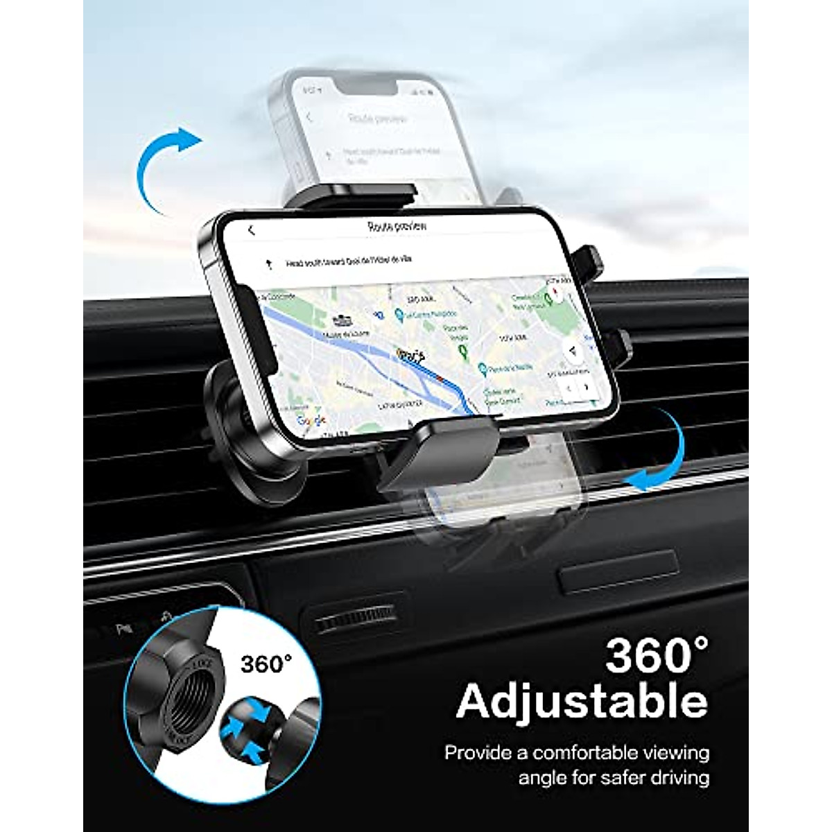 OMOTON Car Phone Holder Mount for Car Air Vent [Metal Clip], Cell Phone Holder Car Hands Free Cradle in Automobile, 360° Adjustable Cellphone Vent Clamp Fit for iPhone 14 13, All Smartphones, Black