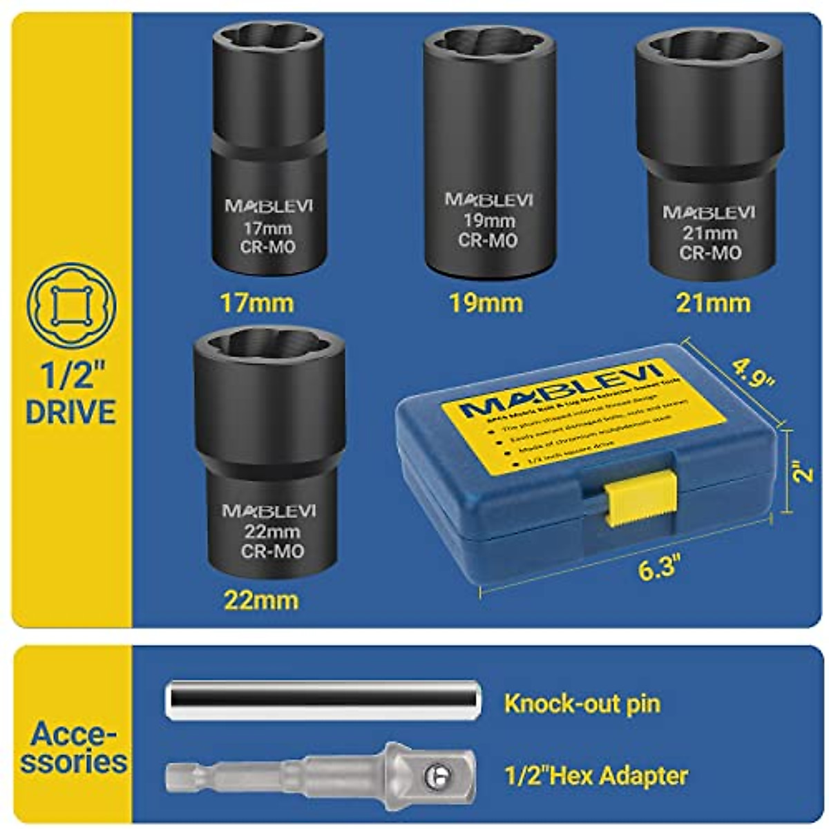MABLEVI Bolt Nut Extractor Set with Center Punch Bar, 6PCS 1/2" Drive Impact Lug Nut Remover Socket Tool, Wheel Lock Removal Kit for Damaged, Frozen, Studs, Rusted, Rounded-Off Bolts, Nuts & Screws