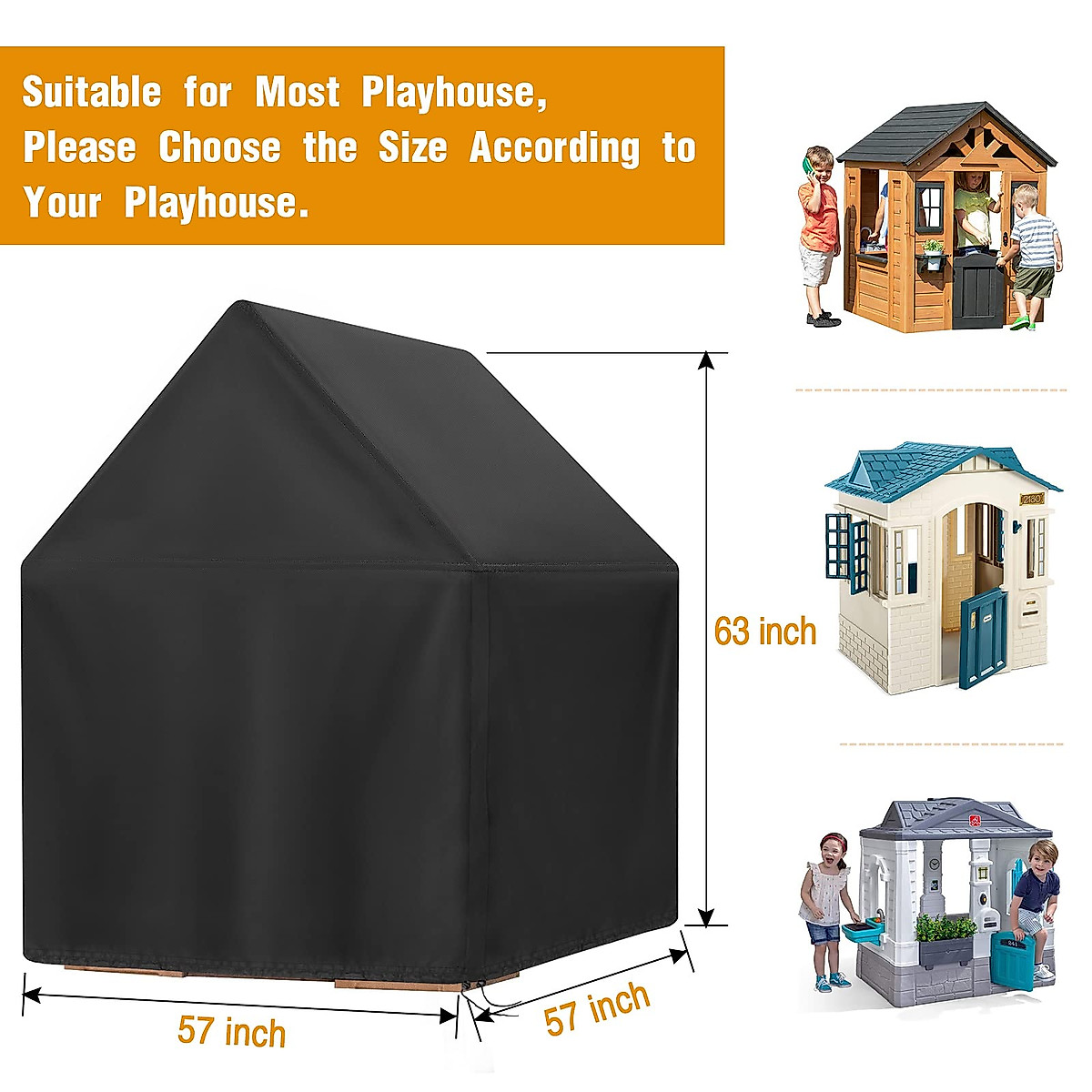 Andacar Outdoor Playhouse Cover, Waterproof Wooden Kids Playhouse Cover for Kids Outside Dustproof Play Houses Cover All-Weather Protector Black- 57" L x 57" W x 63" H