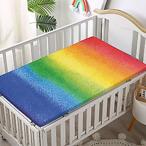 Rainbow Themed Fitted Mini Crib Sheets,Portable Mini Crib Sheets Soft and Breathable Bed Sheets-Baby Crib Sheets for Girl or Boy,24“ x38“,Multicolor