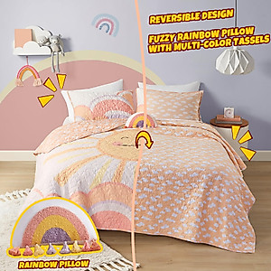 Urban Habitat Kids Twin Quilt Bedding Set Twin Coverlet Cotton Coverlet Sun Girls Twin Bedding Set Rainbow & Clouds Reversible Dawn Light & Breathable Sham Throw Pillow Twin Yellow/Coral 3 Piece