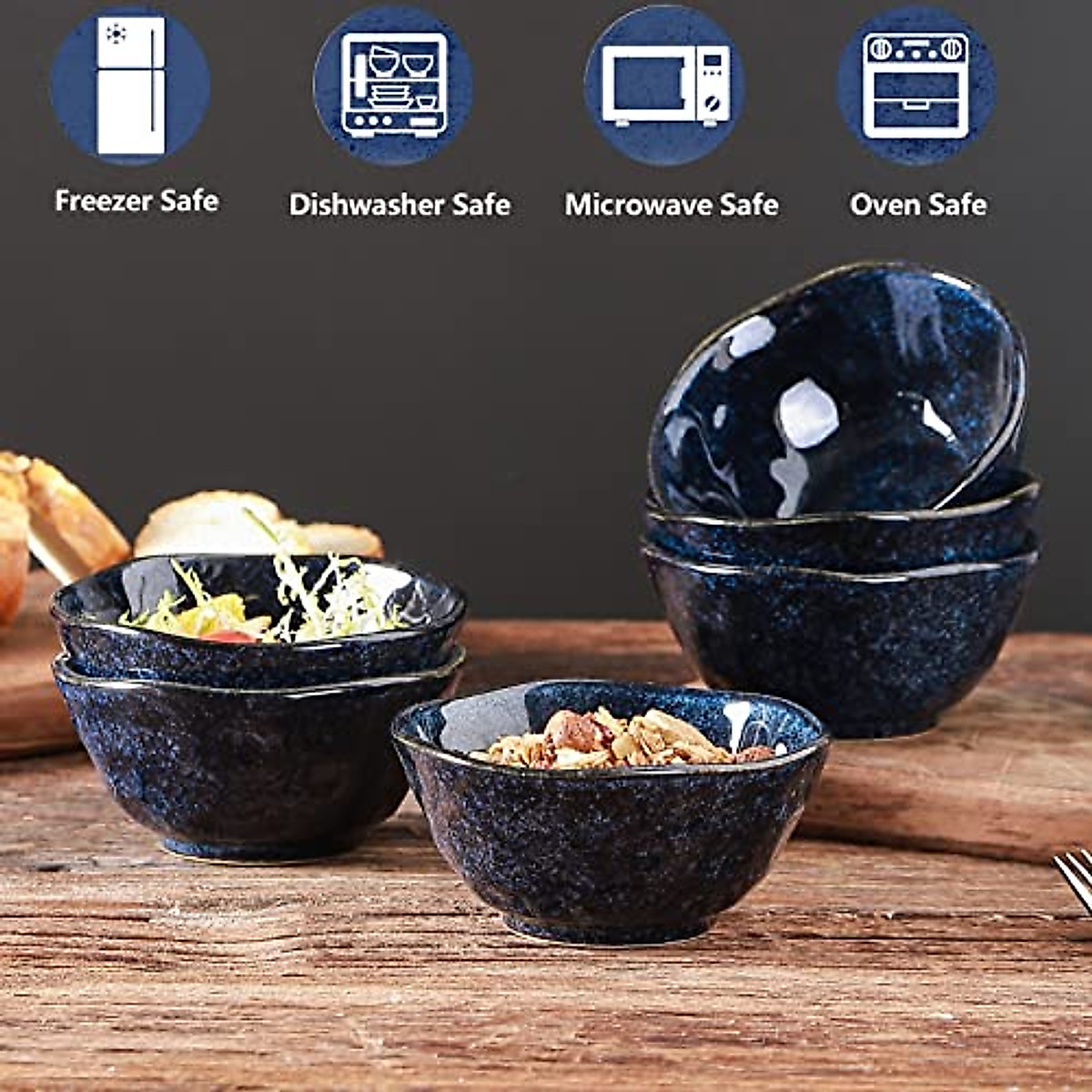 vicrays Ceramic Small Dessert Bowls Set - 10 oz, Set of 6, Microwave, Oven and Dishwasher Safe, for Rice, Ice Cream, Soup, Snacks, Cereal, Side Dishes, Kitchen Bowls Set (Starry Blue)