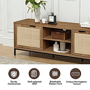 Anmytek Farmhouse Rattan TV Stand for 65 Inch TV Rustic TV Console Table with 2 Rattan Doors Modern Entertainment Center for Living Room Bedroom H0033