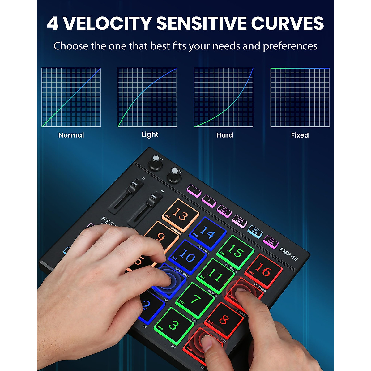 Fesley MIDI Controller Professional, Beat Maker Machine with 16 Beat Pads, MPC with 2 Assignable Fader & Knobs, Portable MIDI Pad Controller, Beat Machine for Music Making