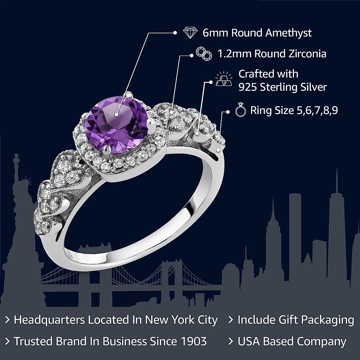 Gem Stone King 925 Sterling Silver Purple Amethyst Gemstone Birthstone Engagement Ring For Women (1.02 Cttw, Round 6MM, Gemstone Birthstone, Available In Size 5, 6, 7, 8, 9)