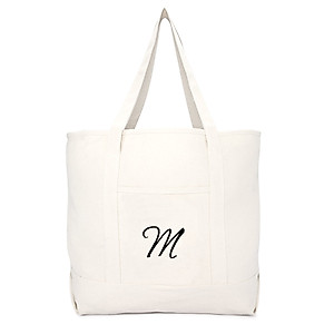 DALIX Monogram Bag Personalized Totes For Women Open Top Natural Letter M