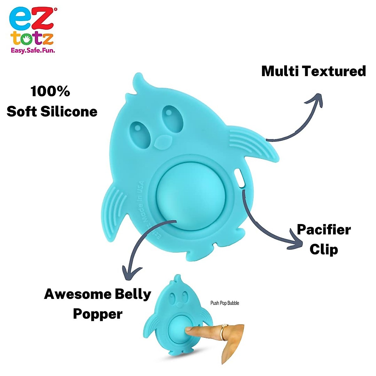 Eztotz Popz Baby Teether Toy - Made in The USA - Pop It Sensory Toys for 0-6 Months + - 100% Silicone Dimple Popper for Newborns and Infants - BPA Free