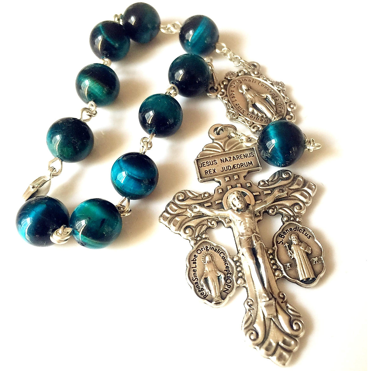 elegantmedical Handmade Peacock bule Tiger Eye Jade Beads car rosary catholic Prayer one Decade Rosary Bracelet Pardon Crucifix Cross Gift