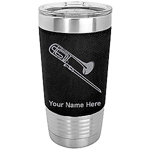 LaserGram 20oz Vacuum Insulated Tumbler Mug, Trombone, Personalized Engraving Included (Faux Leather, Black)