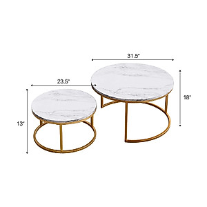 Modern Nesting Coffee Table, Marble Look Sofa Side Nest of Tables Round End Tables, Set of 2, Golden Color Frame with Wood Top- 32”& 24” Table Set