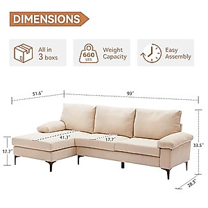 Kingfun 93" W Sectional Sofa Couch,L Shaped Couch with Removable Armrests for Living Room & Apartment,3-Seater Modern Upholstered Sofa with Wide Chaise Lounge,Beige
