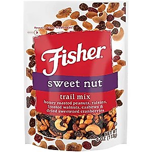 Fisher Snack Sweet Nut Trail Mix, 4 Ounces, Honey Roasted Peanuts, Raisins, Frosted Walnuts, Cashews, Dried Sweetened Cranberries