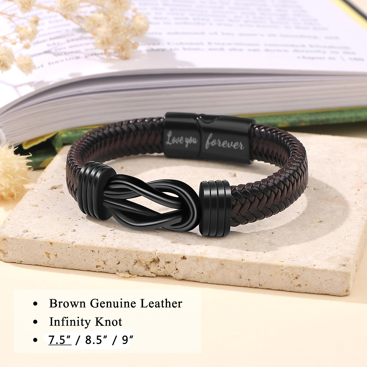 Happy Birthday Cool Gifts for Mens Brown Leather Braided Bracelets for Dad Grandpa Brother Birthday Decorations Gifts for Him Stainless Steel Clasp Man Jewelry 7.5 Inches