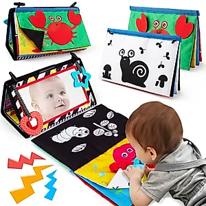 beetoy Tummy Time Baby Mirror Toys Newborn Infant Sensory Toys with Crinkle Cloth Book & Teethers, High Contrast Developmental Baby Mirror Crawling Toys 0 3 6 12 Months