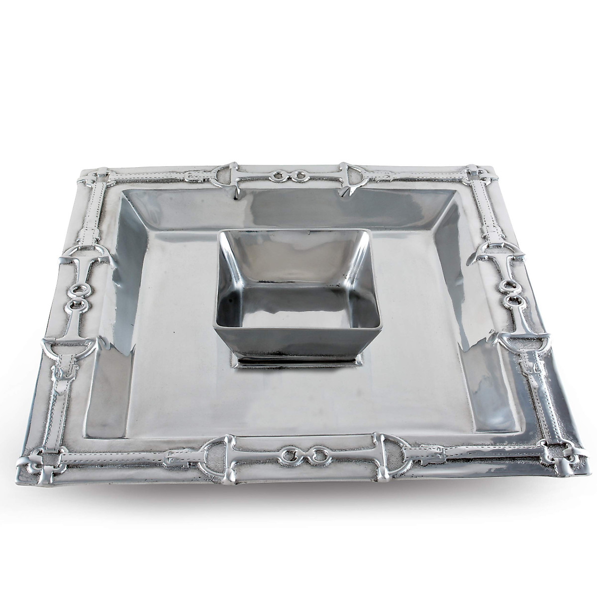 Arthur Court Equestrian Chip and Dip Platter in Bit Pattern with Removable Bowl - Sand Casted in Aluminum with Artisan Quality Hand Polished Designer Tarnish-Free Horse Décor 15 inch Square