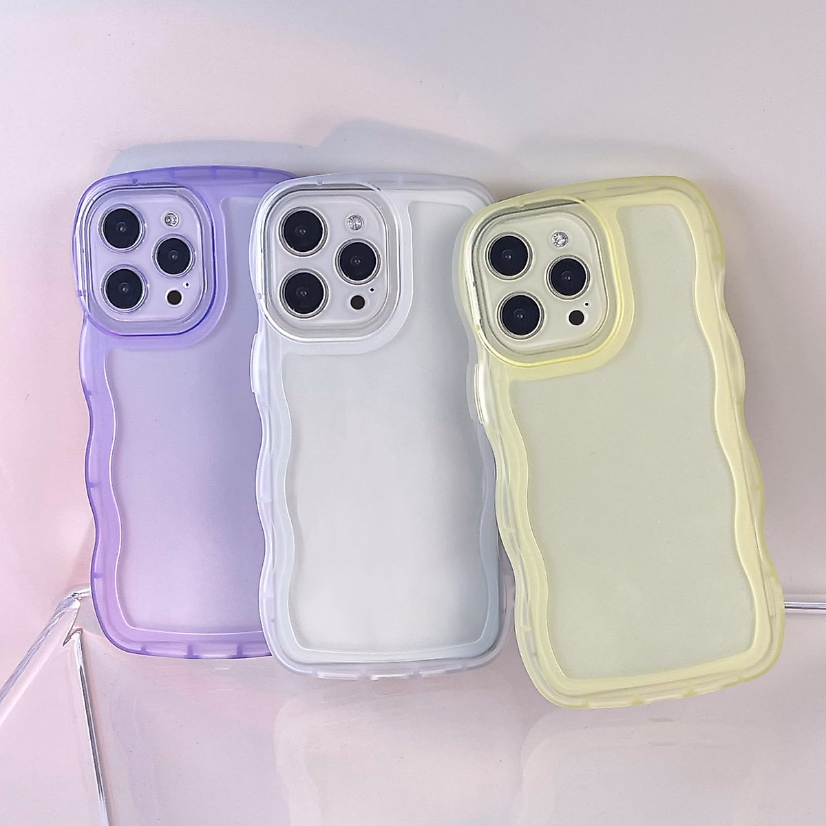 Eiyikof Compatible with iPhone 13 Pro Max Clear Case,Cute Solid Color Curly Wave Frame Transparent Soft Silicone Anti-Scratch Shockproof Protective Slim Case for Women Girls-Purple