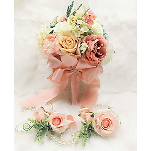 Abbie Home 10 inches Bride Bouquets - Artificial Wedding Flower Real Touch Blooming Rose Peony Holding Bouquet with Satin Ribbon Décor (Blush Pink)