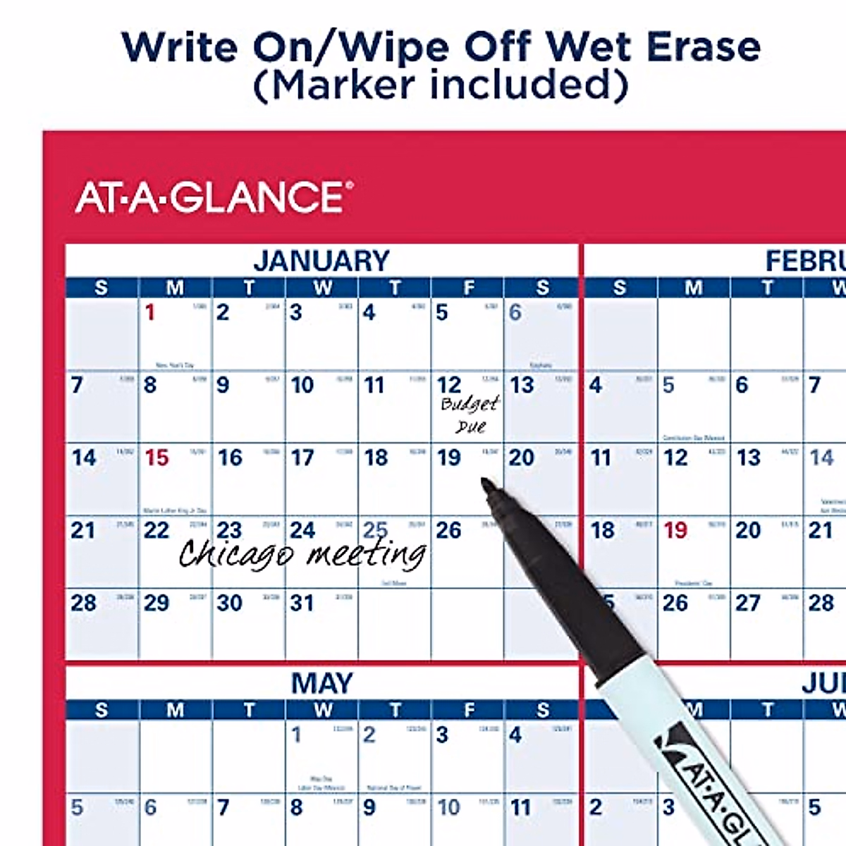 AT-A-GLANCE 2024 Monthly Erasable Calendar, Dry Erase Wall Planner, 48" x 32", Extra Large, Vertical/Horizontal, Reversible (PM3262824)