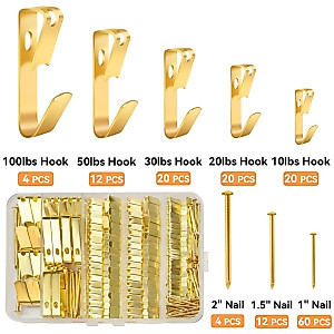 152Pcs Picture Hanging Kit, Picture Hangers 10lb, 20lb, 30lb, 50lb, 100lb Hooks with Nails, Heavy Duty Photo Frame for Pictures, Painting ,Mirror, Wall Art Mounting on Drywall, Wooden Wall