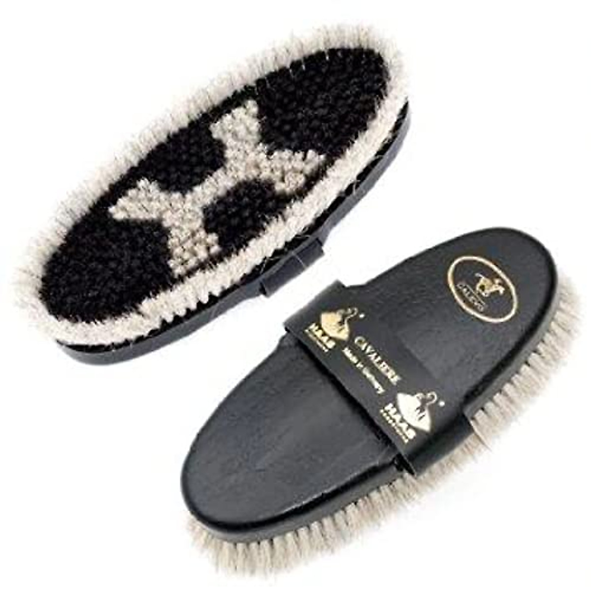 Haas 4025589206304 Cavaliere for women made of horsehair with longer bristle edge and leather hand strap, size 200 x 85 mm, the brush back is black.