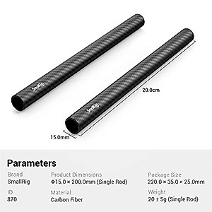 SmallRig 15mm Carbon Fiber Rod for 15mm Rod Support System (Non-Thread), 8 inches Long, Pack of 2 - 870