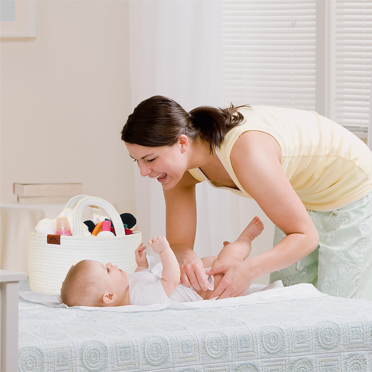 Mojoohouse Baby Diaper Caddy Organizer, Large Nursery Storage Bin, Car Organizer for Diapers with dividers, Portable Tote Bag, Cotton Rope Diaper Basket for Boy Girl (White)