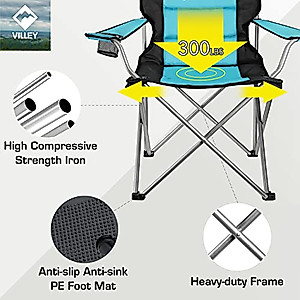 VILLEY Camping Chairs, Padded Folding Chair, Outdoor Portable High Camp Chair, Foldable Outside Arm Chair with Cup Holder & Carry Bag, Blue