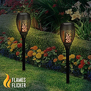 Exhart Garden Solar Lights, Set of 2 Flickering Flame Garden Stake Torches, LED Fire, Outdoor Garden and Yard Decoration, 4 x 21 Inch