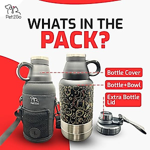 PET2GO Dog Travel Water Bottle 32 oz. with Treat Holder & Detachable Bowls | Insulated, Portable Stainless Steel Water Dispenser for Pets | Dog Walking Accessory | Outdoor Dog Beach Gear (Gold)