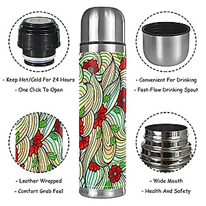 Red Flower Floral Art Stainless Steel Coffee Thermos, Double Walled Insulated Water Bottle for Outdoor Sports, Office, Car (17 OZ/500ML)